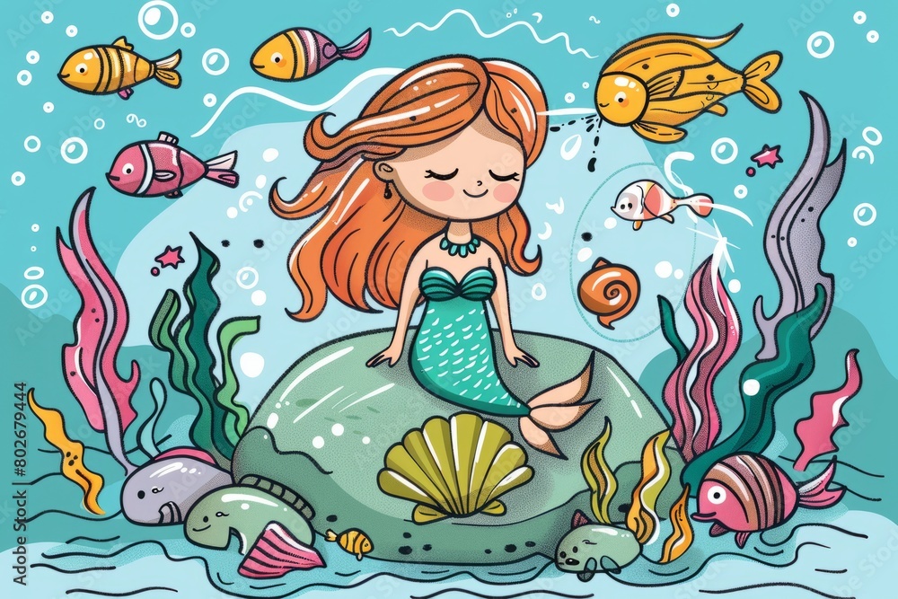 Cartoon cute doodles of a graceful mermaid lounging on a rock in the ...