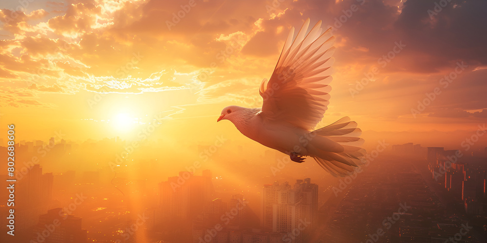Flying Dove on beautiful sunset sky clouds background Bird of prey ...