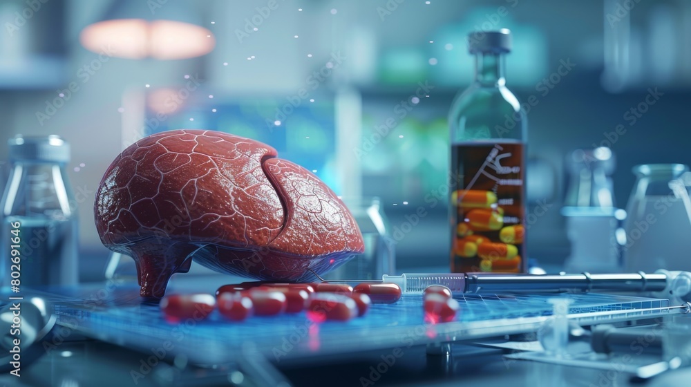 3D rendering image depicting laboratory tests used to assess liver ...