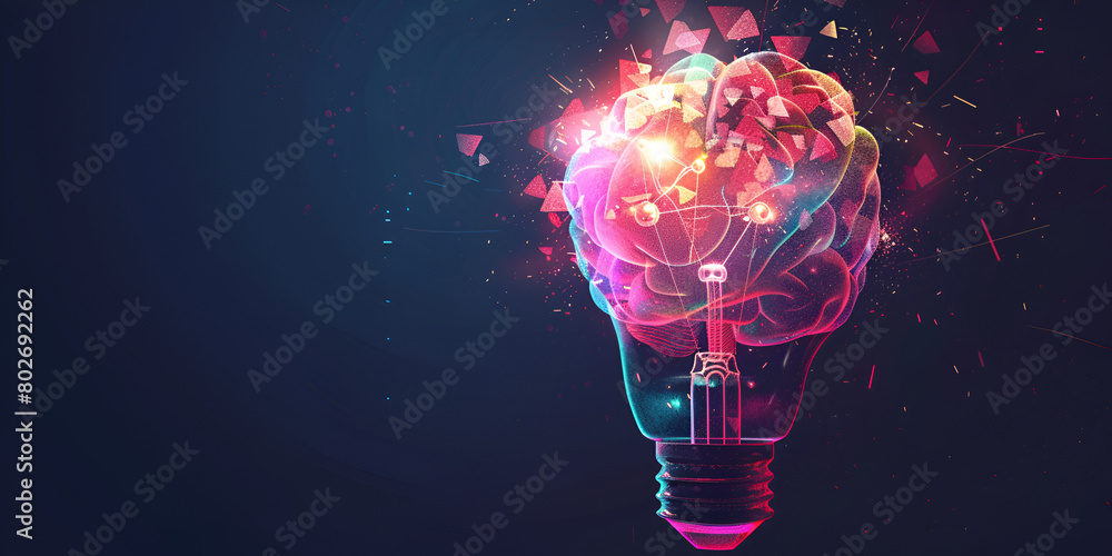 abstract colorful human brain with a light bulb on black background ...
