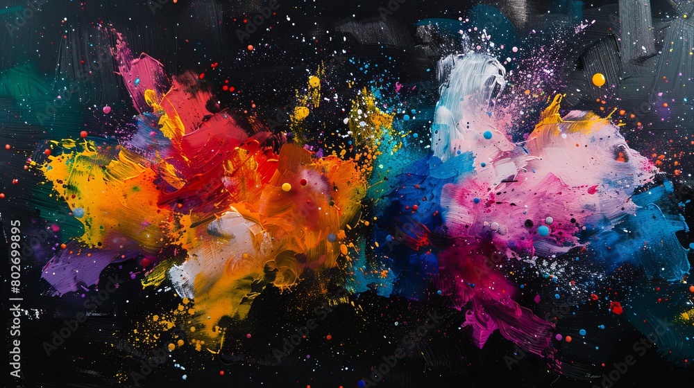 Dynamic artwork featuring an explosion of colors mixed with various art ...