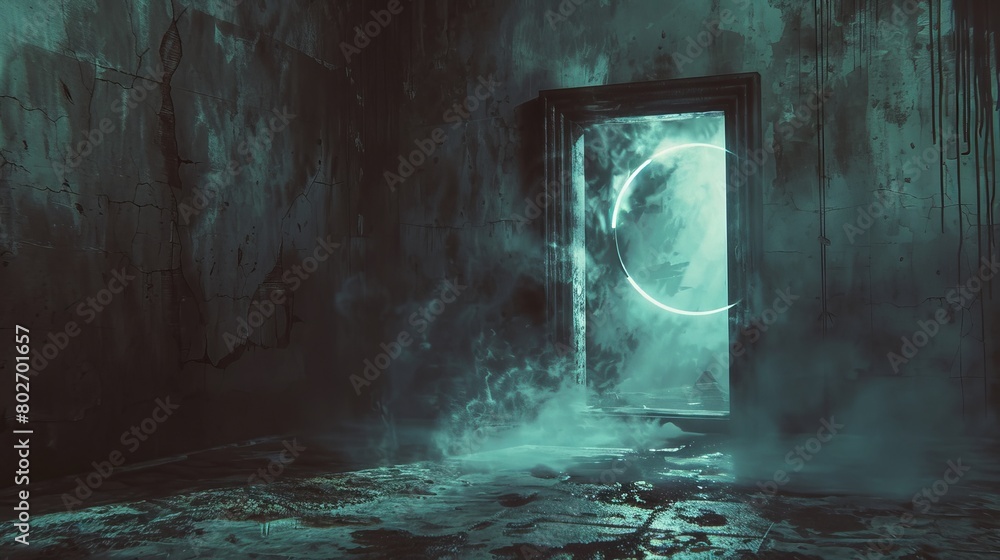 Chilling depiction of a basement with a door cracked open, light ...