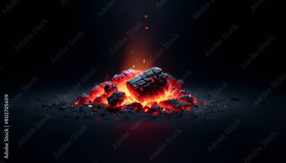 Poster, Foto A hyper-realistic close-up of a smoldering ember in the darkness, with the gradient ...