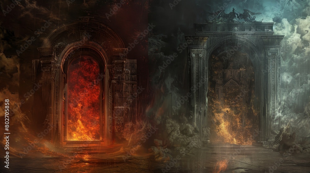 Dramatic portrayal of heaven and hell doors, hell with burning flames ...