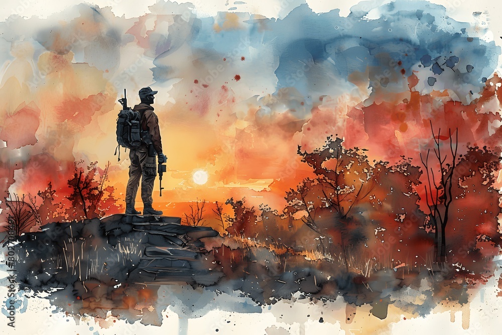 Soldier Standing Alone at Sunset on Rocky Terrain Reflects on Service ...