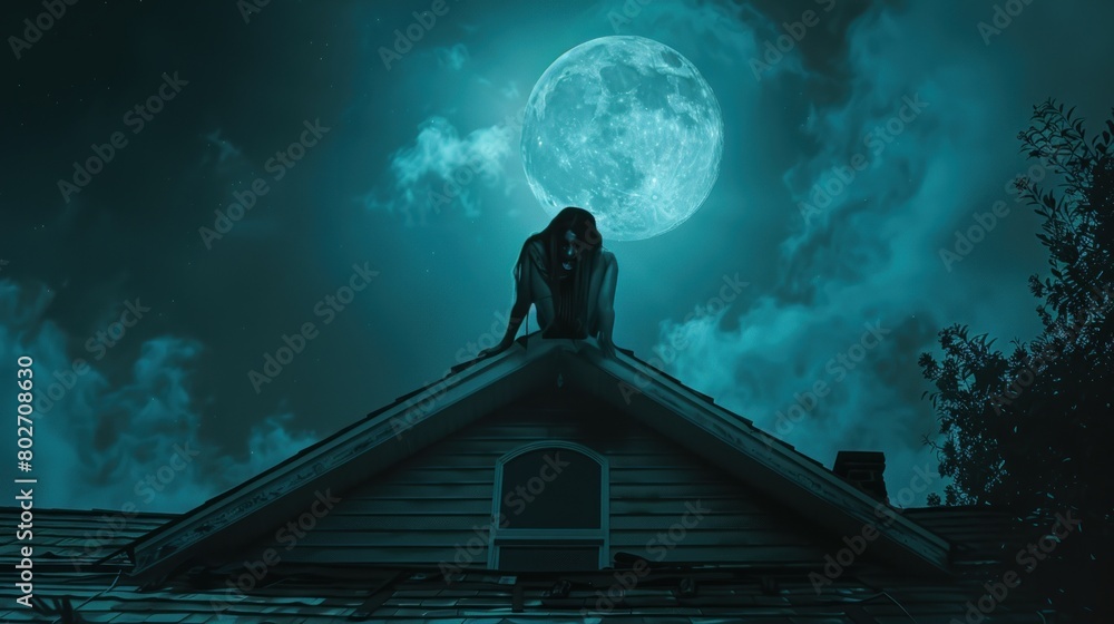 female ghost in black, on the roof of the house, full moon background ...