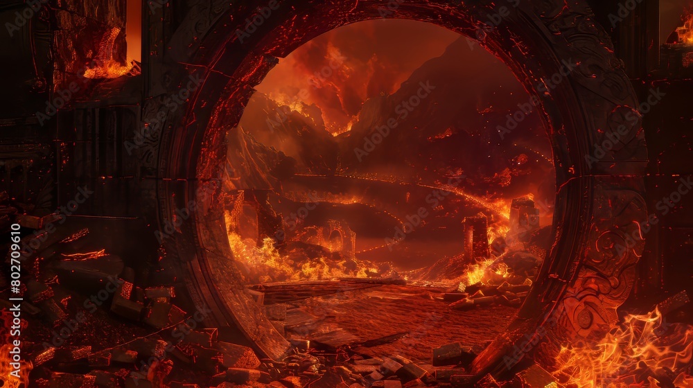 Terrifying view through an archery portal door with a vista of hell ...