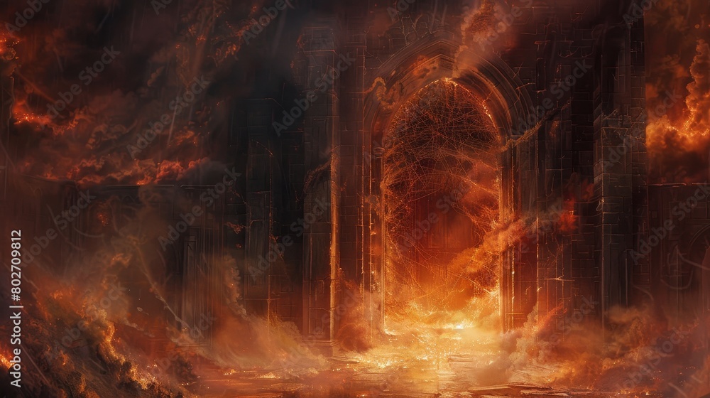The entrance to Hell depicted as a door covered in darkness, mist, and ...