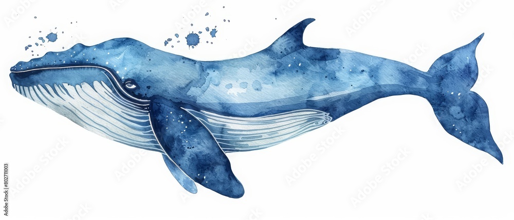 A watercolor painting of a simple blue whale in the deep sea, clean ...