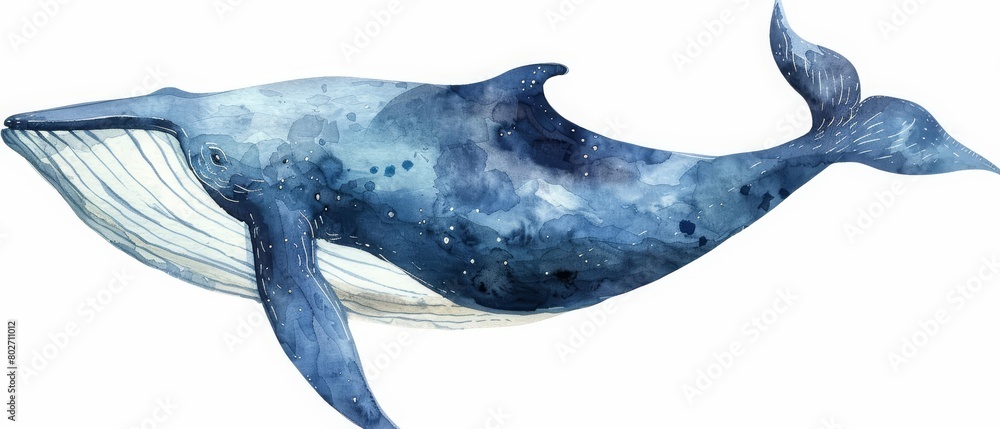 A watercolor painting of a simple blue whale in the deep sea, clean ...