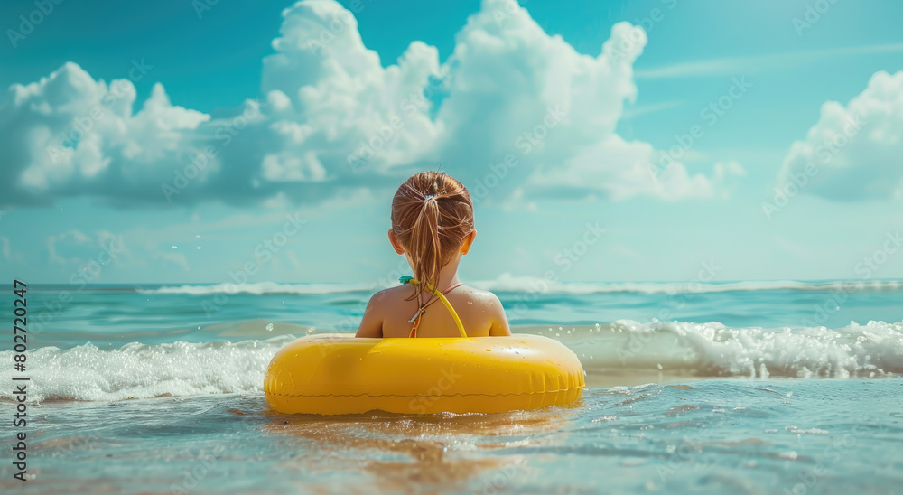 Cute little girl in a swimming ring on the beach, sitting and relaxing ...