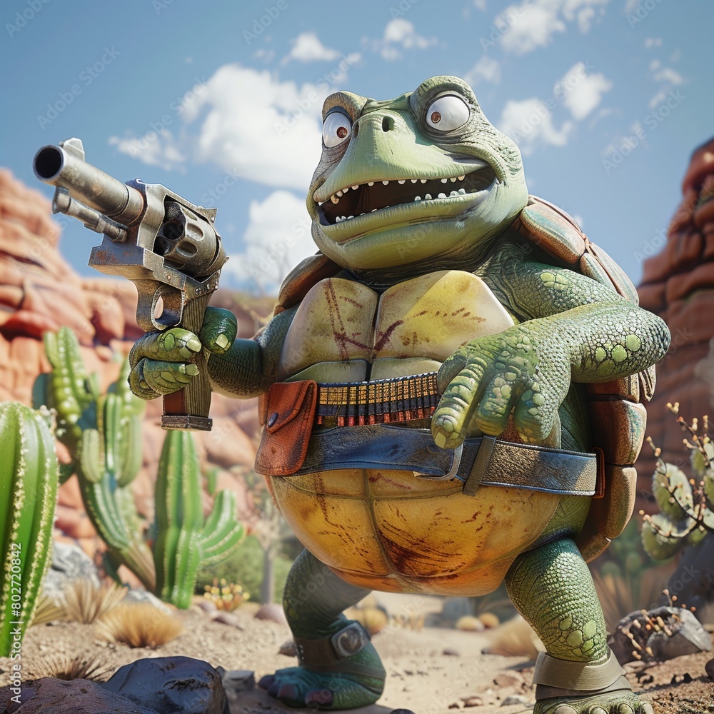 Quirky 3D animation of a turtle with an oversized gun participating in ...
