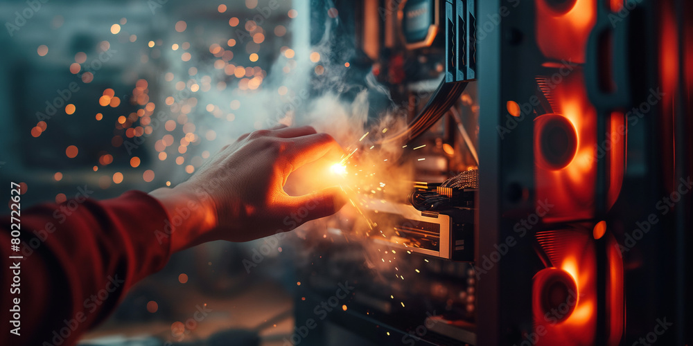 A shot of a hand pressing the power button on a malfunctioning PC tower ...