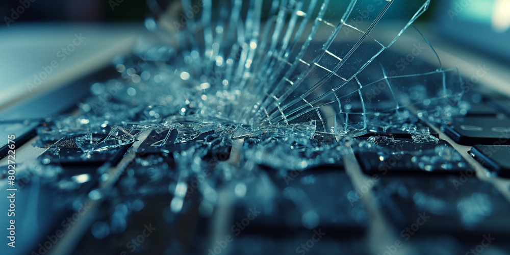close up of a board, a shattered computer screen, with cracks radiating ...