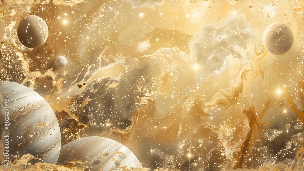 Gold cosmic background with marbled textures and celestial motifs of ...