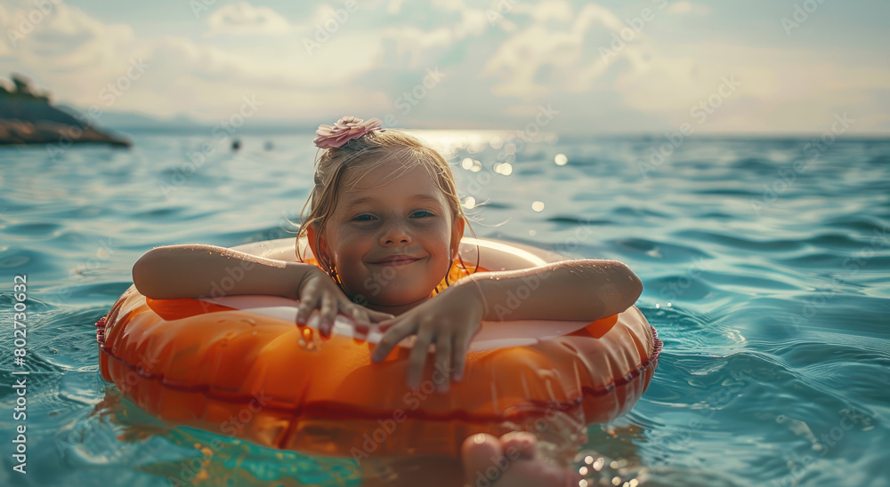Cute little girl in a swimming ring on the beach, sitting and relaxing ...