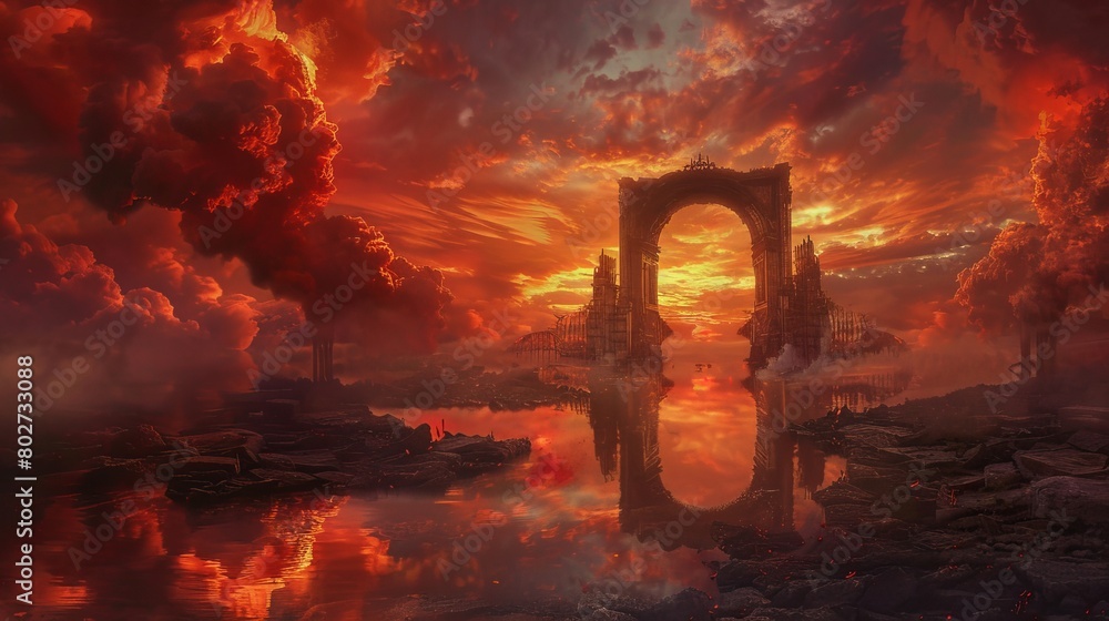 Eerie landscape depicting the gates of hell with a reflective lake ...