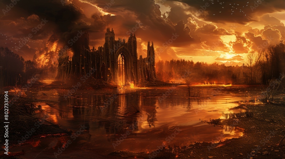 Eerie landscape depicting the gates of hell with a reflective lake ...
