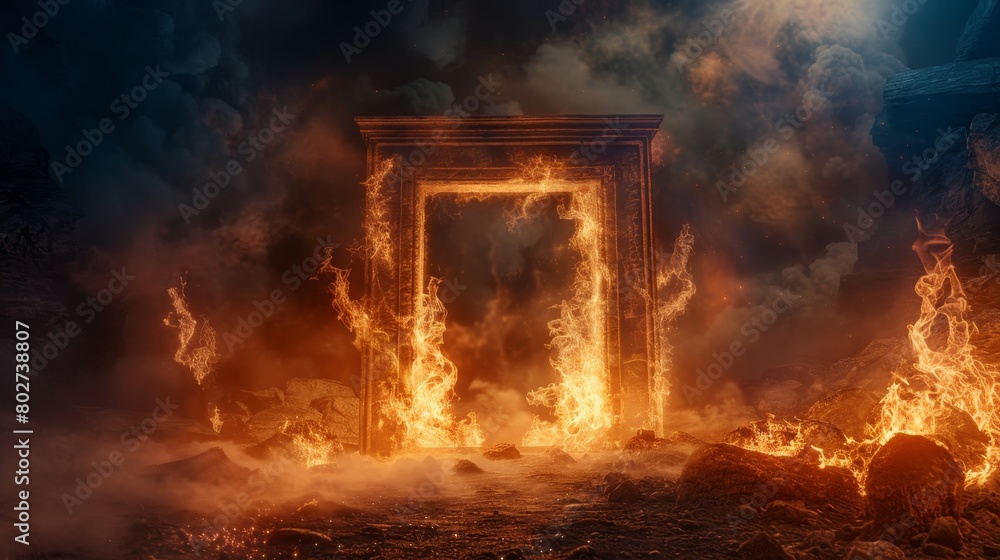 Heaven and hell doorway in an open space at night, a ring gate framing ...
