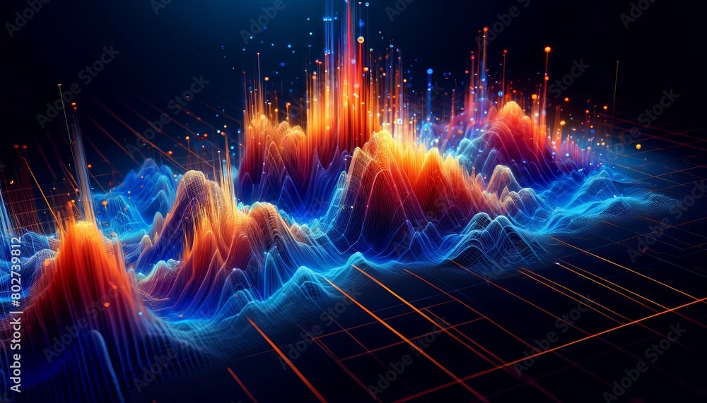 An abstract representation of a digital waveform pulsating along a grid ...