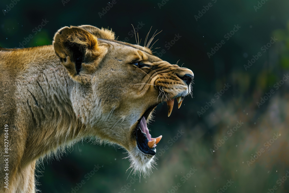Side view of an angry lioness with her mouth open showing teeth Stock ...