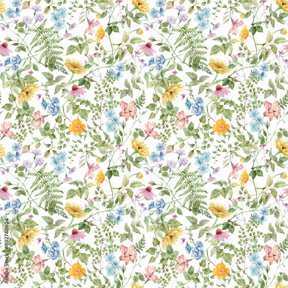 Beautiful summer floral seamless pattern with watercolor hand drawn ...
