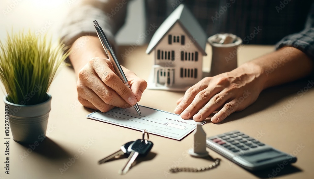 A pair of hands writing a check on a desk, beside a small house model ...
