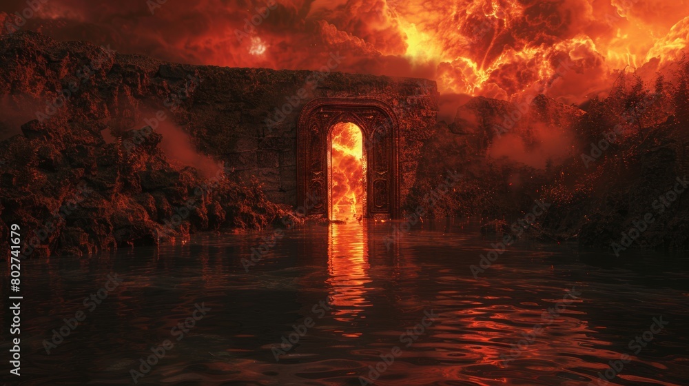 Sinister landscape showing a door leading to hell, a reflective lake ...