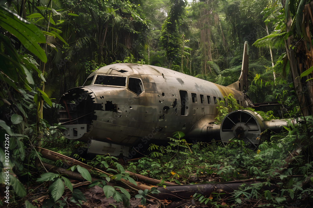 The wreck of a plane surrounded by towering trees and thick foliage ...