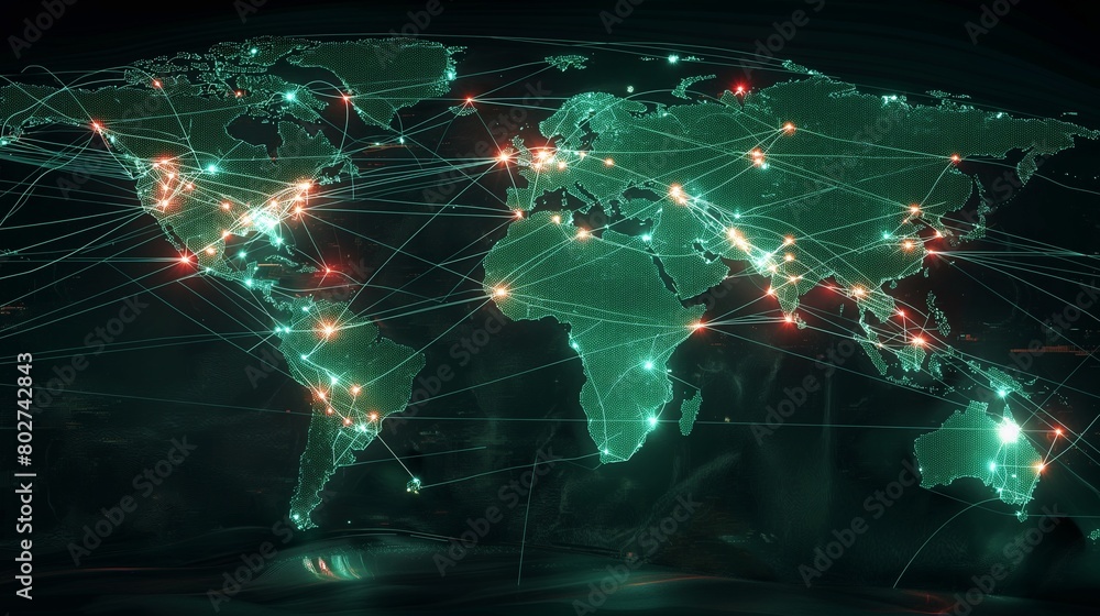 A 3D map of the world illuminated by lines representing internet ...