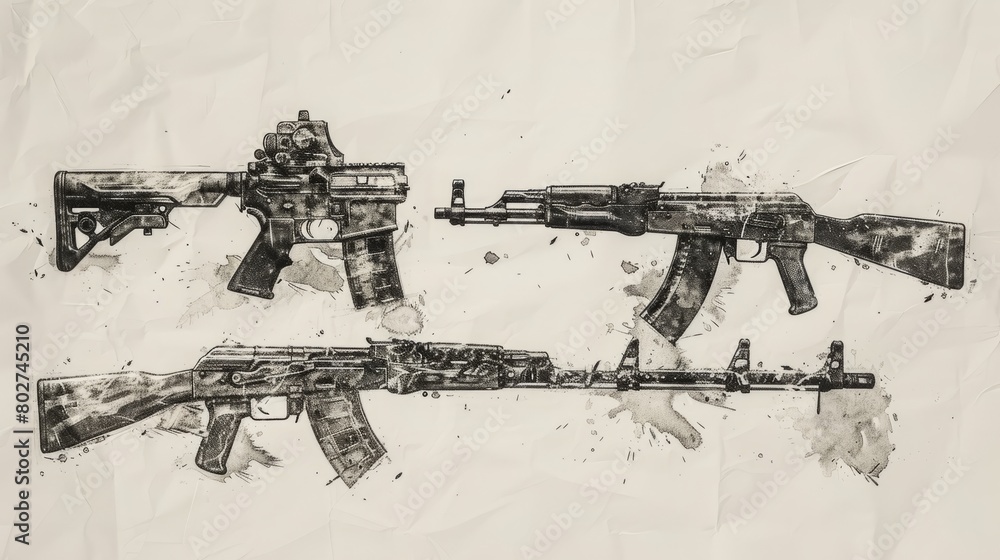 Three guns are shown in a black and white drawing. The guns are a rifle ...