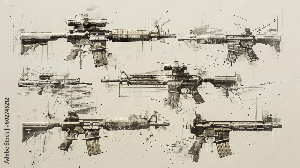 A series of guns are shown in a black and white photo. The guns are all ...