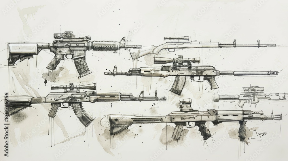 A series of guns are drawn in black and white. The guns are of ...