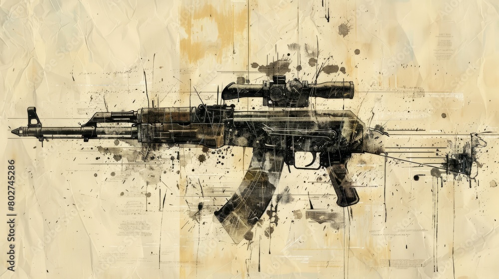 A gun with a scope is shown in a blurry, abstract style. Scene is dark ...