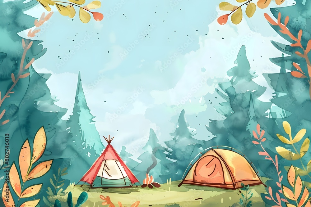 Cute cartoon camping frame border on background in watercolor style ...