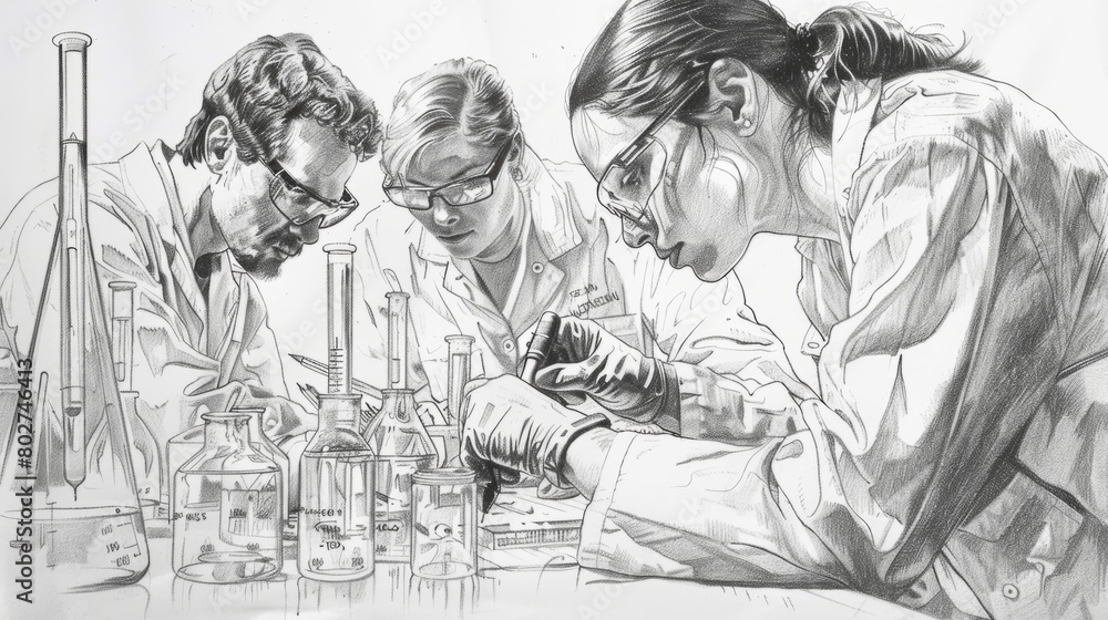 Black and white drawing of three scientists in lab coats working in a ...