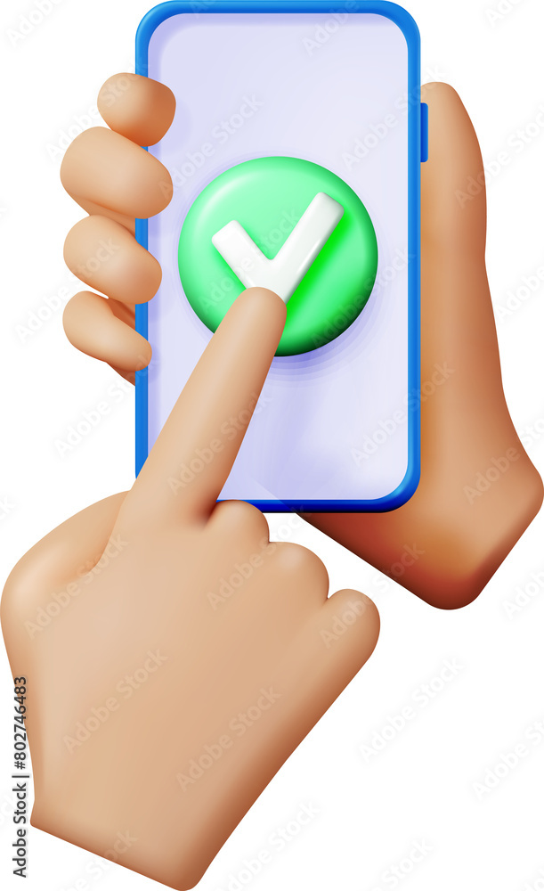 3D hand holding smartphone with green check mark Stock Illustration ...