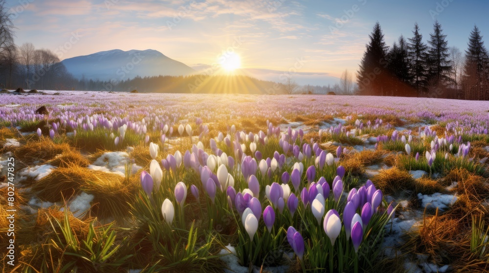 Beautiful panorama of blooming spring meadow landscape, with spring ...
