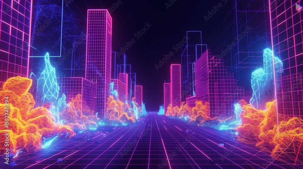 A neon grid landscape with explosive bursts of data breaches, where ...