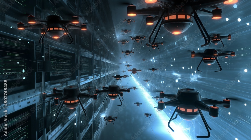 A swarm of drones carrying payloads of data bombs, descending on a ...