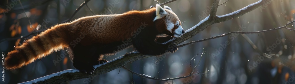 Red panda in an action pose, leaping between branches, dynamic and ...