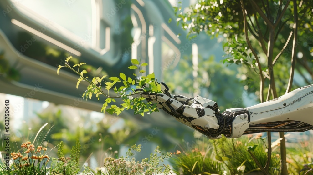 Robot hand touching green energy icon represents artificial ...