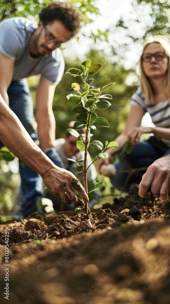 Diverse group of people planting trees in a community park, tied to a ...