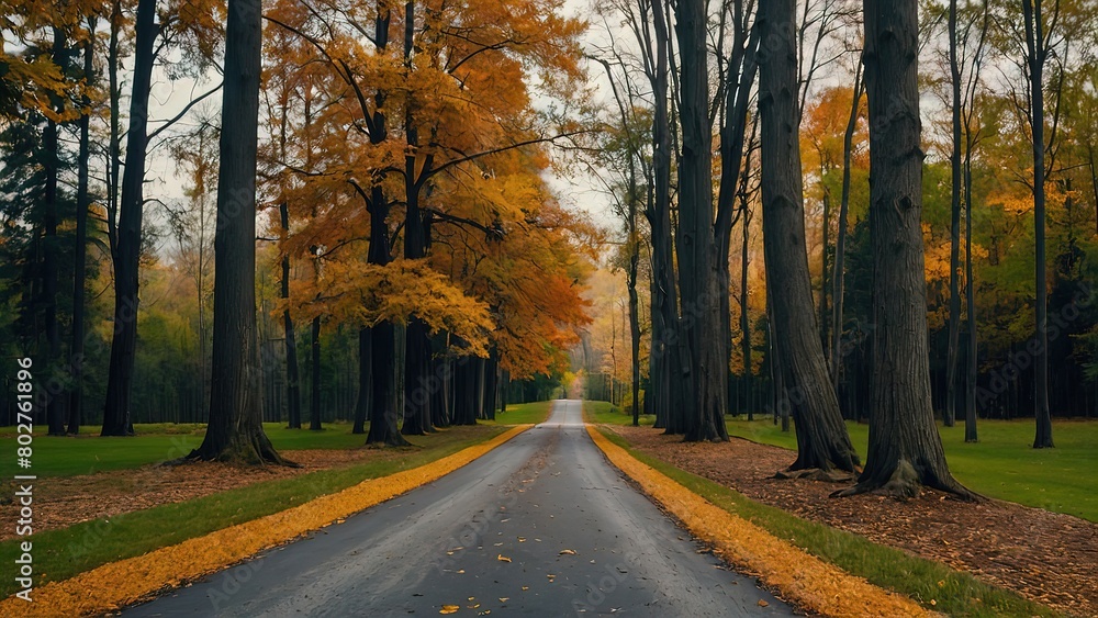 Autumn Trees Along a Driveway Beautiful Green Forest Meets Road, Scenic ...
