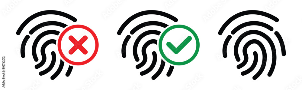 Set of fingerprint scan icons. thumb print symbol with approve and ...