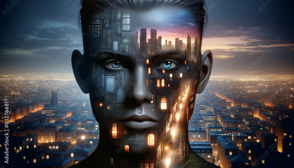 A surreal portrait of an androgynous humanoid character, half of whose ...