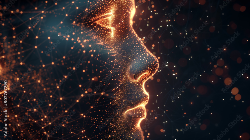 Digital Human Face in Network Particles. A digital mesh forms a human ...