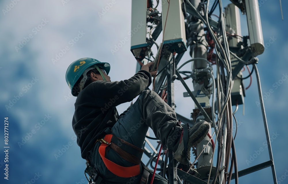 Telecom engineer worker climbing antenna tower. engineer wearing safety gear working at top of ...