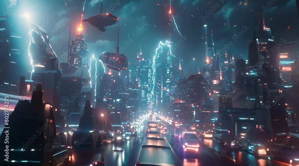cyberpunk futuristic city with force fields that shoot lightning with ...