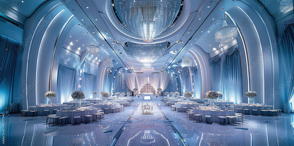 A large wedding hall with an indoor circular stage, futuristic style ...